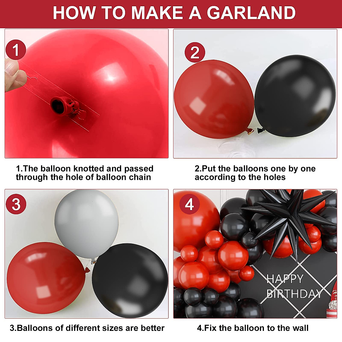 Red and Black Balloon Arch Kit, Latex Birthday Balloons 5 10 18 inch Burgundy and Black Party Balloons with 2 Black Explosion Star for Wedding Bridal Baby Shower Bachelorette Graduation Party