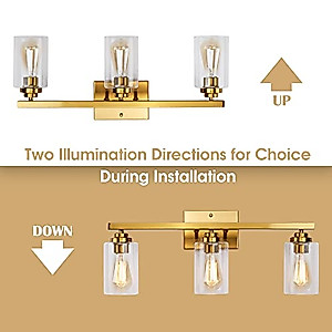 Bathroom Vanity Light, Wall Sconces 3 Lights Brass, Vintage Vanity Lighting Fixture, Over Mirror Light with Clear Glass Shades for Hallway, Kitchen, Living Room, Bedroom