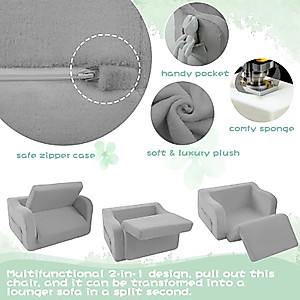 MeMoreCool Fold Out Kids Couch Toddler Chair, Comfy Baby Sofa Kid Lounge Chair for Toddlers 1-4, Convertible Child Recliner Foldable Children Couch Bed, Pull Out Chair for Boy Girl, Grey