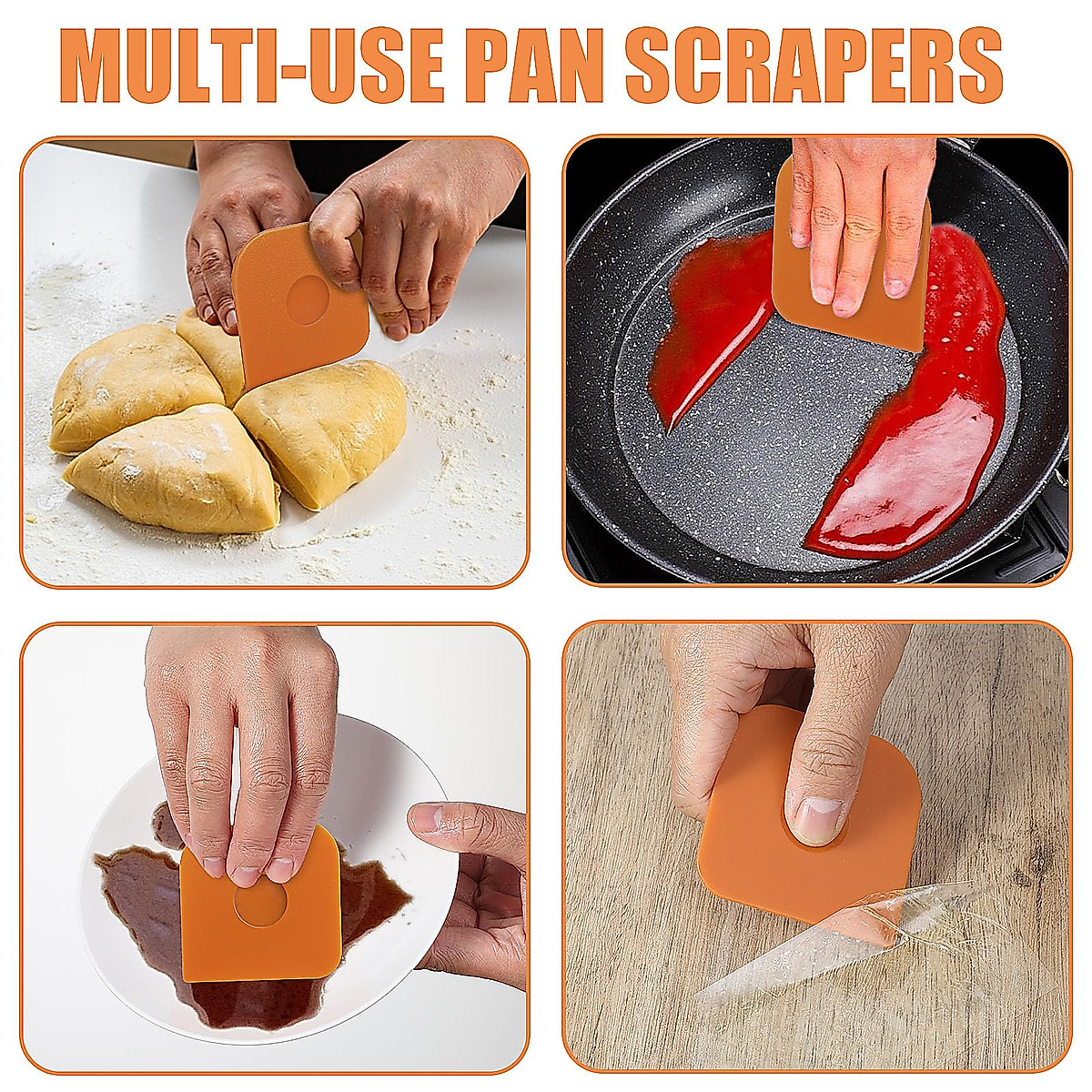 Pan Scraper, 9Pcs Dish Scraper Tool Set, Pot Food Scraper Non Scratch for Cast Iron, Cast Iron Cleaner Scraper Iron Skillet Scraper Scrubber for Cleaning, Grease,Kitchen Scrapper,Dishes, Pans (Orange)