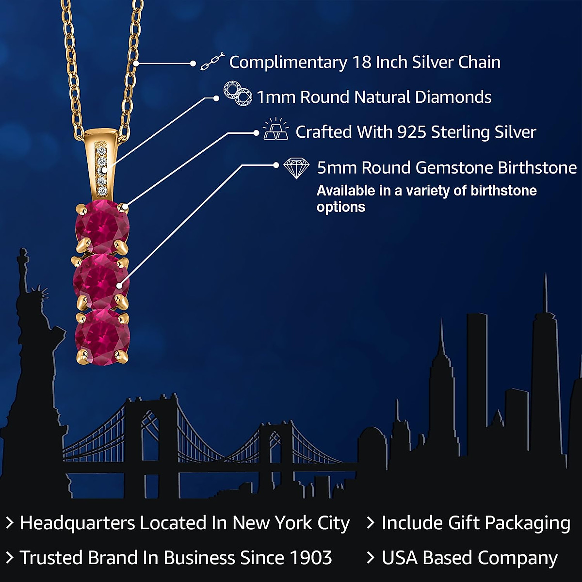 Gem Stone King Red Created Ruby and Diamond 18K Yellow Gold Plated Silver 3 Stone Pendant Necklace For Women (1.84 Cttw, Round 5MM, with 18 Inch Chain)