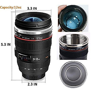 POXIWIN Camera Lens Coffee Mug,Comes with a Musical Note Spoon,Novelty Stainless Steel Camera Lens Mugs for Music Lover Photographer Filmmaker