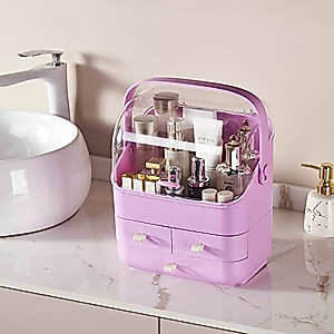 SUNFICON Makeup Organizer Cosmetic Storage Holder Case Purple Beauty Essential Box with Dust Free Cover Portable Handle Fully Open Waterproof Lid Dustproof Drawers Bathroom Countertop Bedroom Dresser