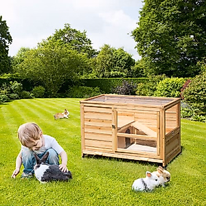 YOLENY Rabbit Hutch, Wooden Small Animal Cage, Bunny Hutch Indoor Rabbit Cage, Outdoor Guinea Pig Cage Hedgehog Cage, Removable Tray, Safety Lock, Galvanized Mesh Wires, Access Ramps