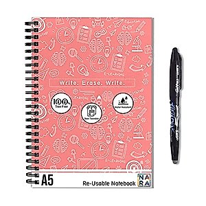 Nara Smart ReUsable Notebook | Tree-free Notebook with 1 Pilot Frixion pen and 1 Microfiber cloth included (A5, Coral Pink)