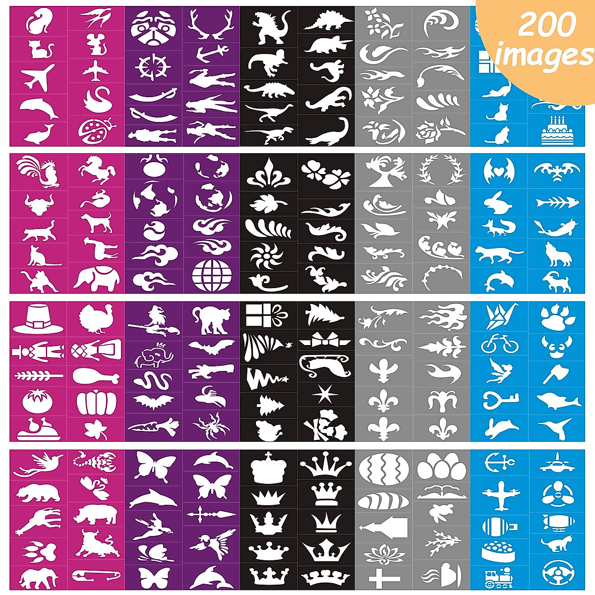 Lystin Face & Body Paint Stencils Kit for Kids (200 Pieces) - Soft, Reusable and Easy to Stick Down - Tattoo Stencils, Glitter Temporary Tattoos for Kids School Carnival Birthdays Halloween Christmas