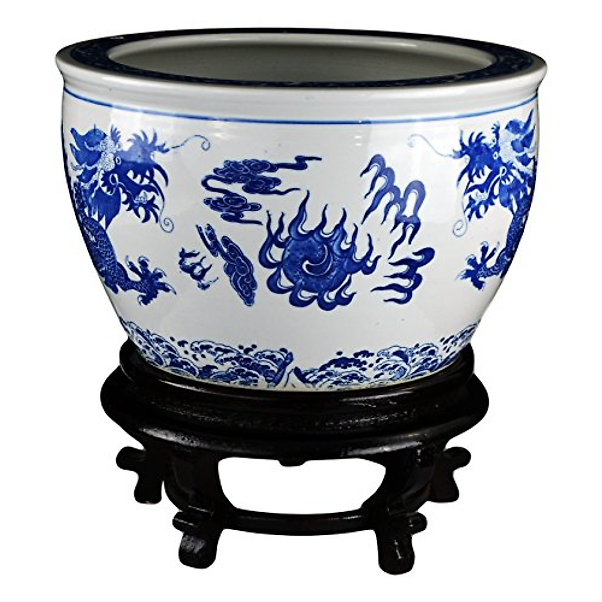16" Porcelain Blue and White Fishbowl, Fish Bowl Two Dragons Playing with Super Pearl Chinese