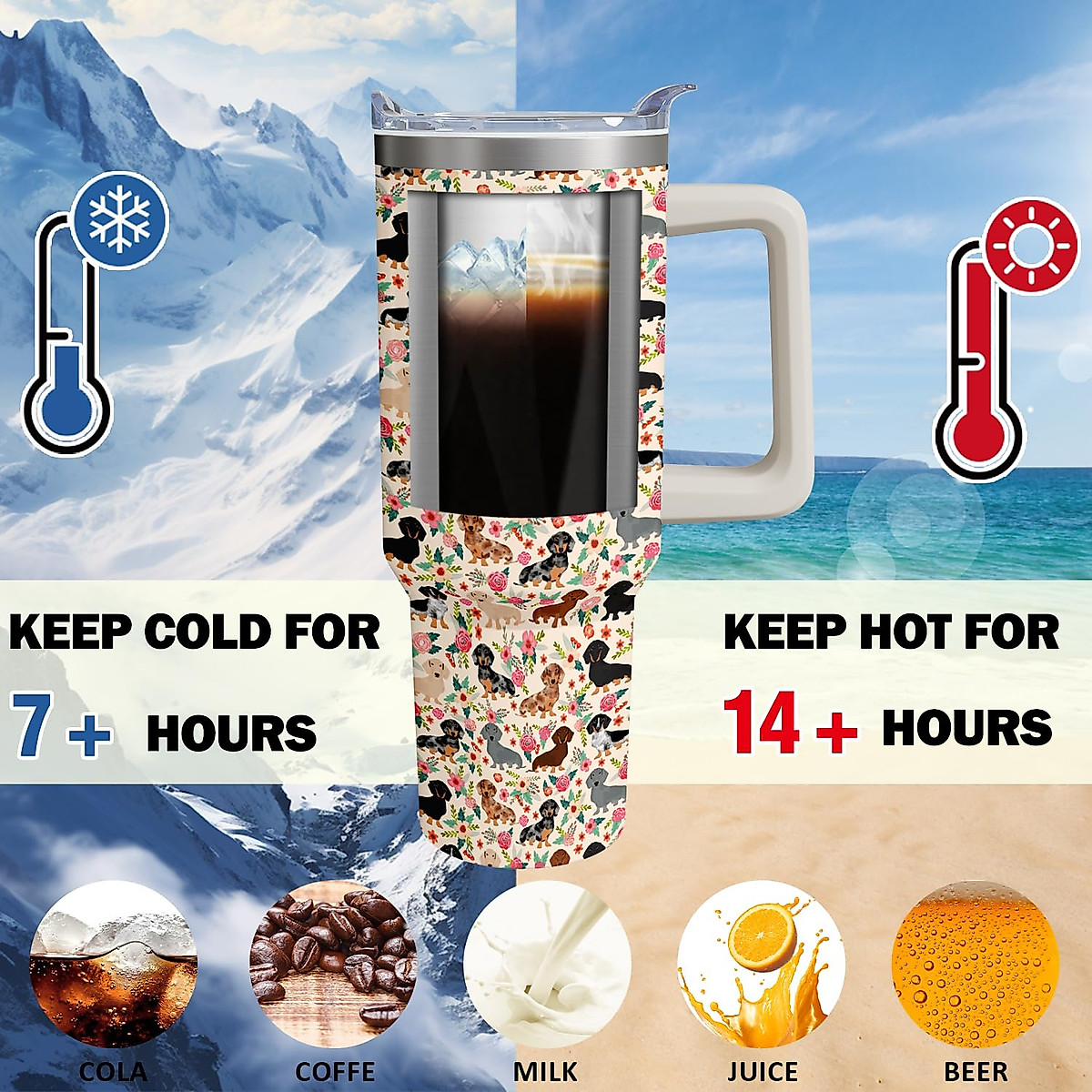 Vehcimbev 40oz Dachshund Tumbler with Handle and Straw - Stainless Steel Double Wall Insulated Tumbler - Hot & Cold - 40oz Capacity - Dachshund Gift