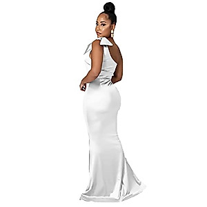 FairyLove Women's Fashion Ruched Bodycon Dress Sleeveless One Shoulder Wrap Satin Belted Cocktail Midi Dresses White