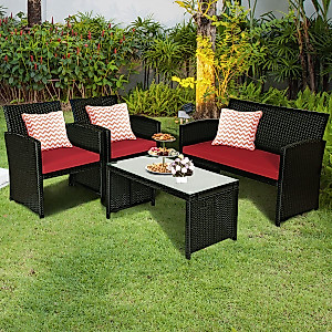 Tangkula Patio Wicker Conversation Furniture Set, Patiojoy Sofa & Table Set w/4 Seats, Outdoor Rattan Sofa Set for Balcony Backyard, Wicker Chair Set with Tempered Glass Coffee Table (1, Red)