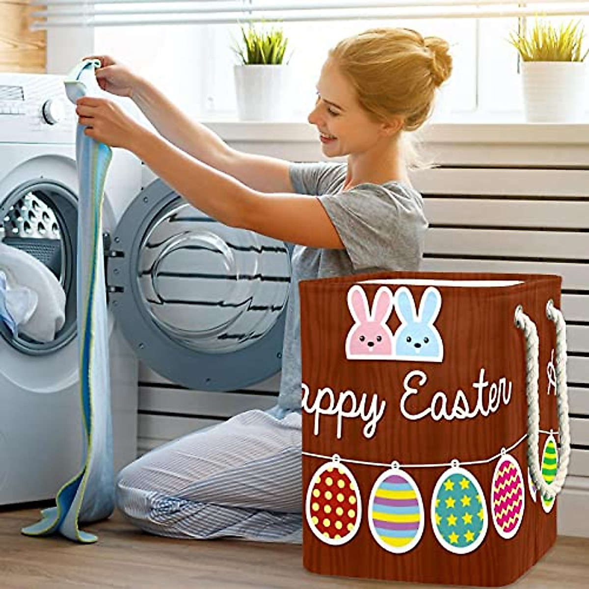 Inhomer Laundry Hamper Easter Bunny and Egg Wooden Background Collapsible Laundry Baskets Firm Washing Bin Clothes Storage Organization for Bathroom Bedroom Dorm