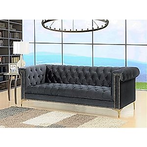 Iconic Home Gold/Grey Bea Velvet with Nail head Trim Tone Metal Sofa