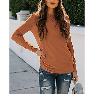 Sherosa Womens Long Sleeve Tops Dressy Casual Fall Crew Neck Solod Color Basic T-Shirts Burnt Orange,M