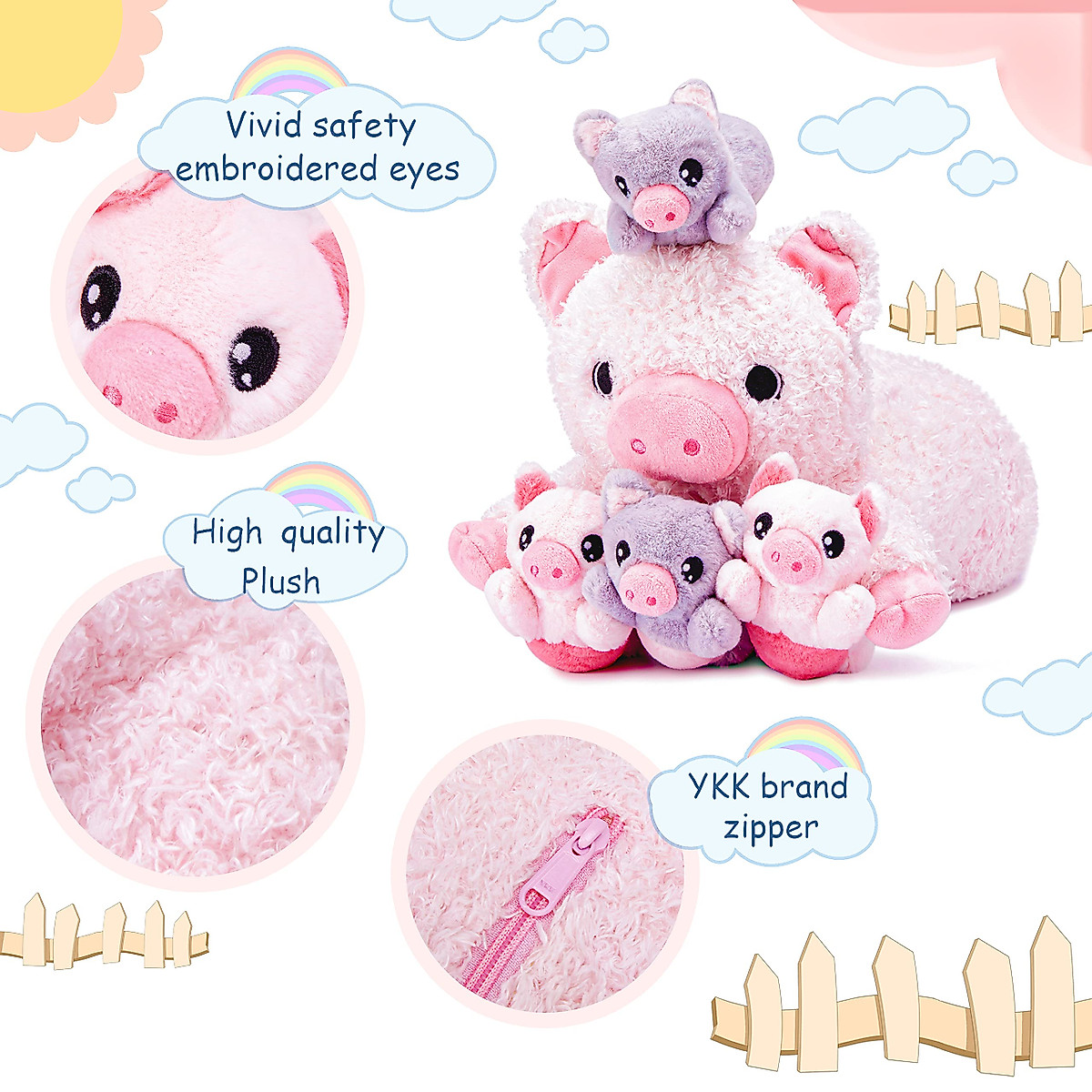 IKASA Mommy Pig Stuffed Animal Mom and Baby Plush Toy,Cute 16" Soft Small Fluffy Mama Family Set Toy with Little Mini Babies,Gifts for Kid (Pig)