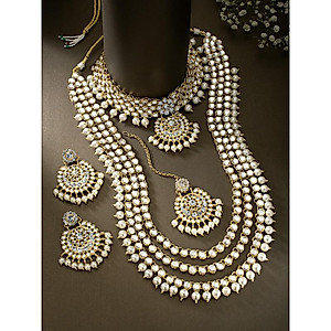 Aheli Indian Wedding Kundan Beaded Heavy Bridal Long Choker Necklace Earrings with Maang Tikka Traditional Jewellery Set for Women (White)