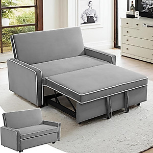 Rovibek 3 in 1 Convertible Sleeper Sofa Bed Pull Out Couch Futon Loveseat Velvet Chaise Lounge with 2 Pockets and 2 Pillows for Living Room, Ash Grey
