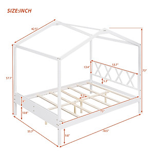 Full House Bed for Kids Montessori Bed with Headboard and Storage Footboard Wood Platform Bed Frame White House Beds for Girls Boys Teens Adults, Full Size, White