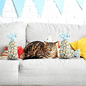 Blulu 100 Pieces Pet Paw Print Cone Cellophane Bags Heat Sealable Candy Bags Dog Paw Gift Bags Cat Treat Bags with 100 Pieces Silver Twist Ties for Pet Treat Party Favor(Blue)