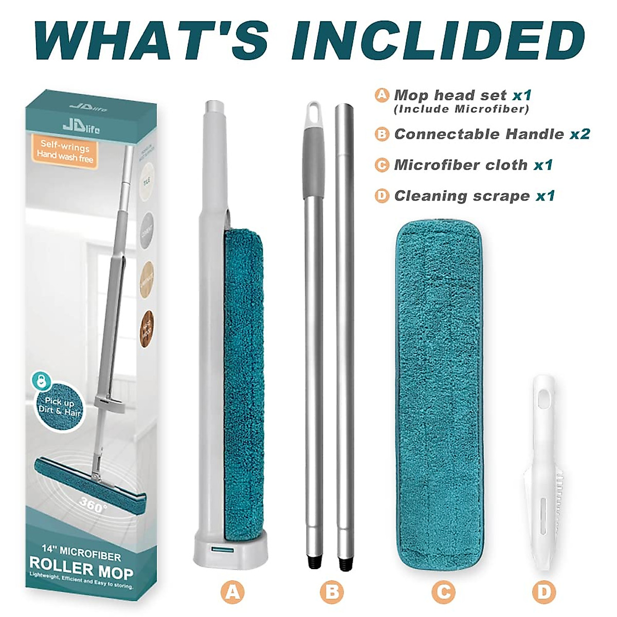 JDlife Household and Commercial Cleaning Microfiber Roller Mop- Cleaning System with 14-Inch DUST MOP with Reusable Pads, 360-spin Mop Head for Tile, Marble, Hardwood Floors Cleaning