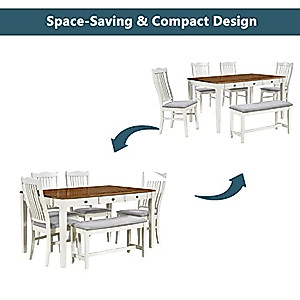 SIYSNKSI Mid-Century 6-Piece Dining Table Set with 4 Upholstered Dining Chairs and Bench, Wood Rectangular Dining Table with Drawer for Kitchen Living Room, Dining Table Set for 6 (Butter Milk+Grey)