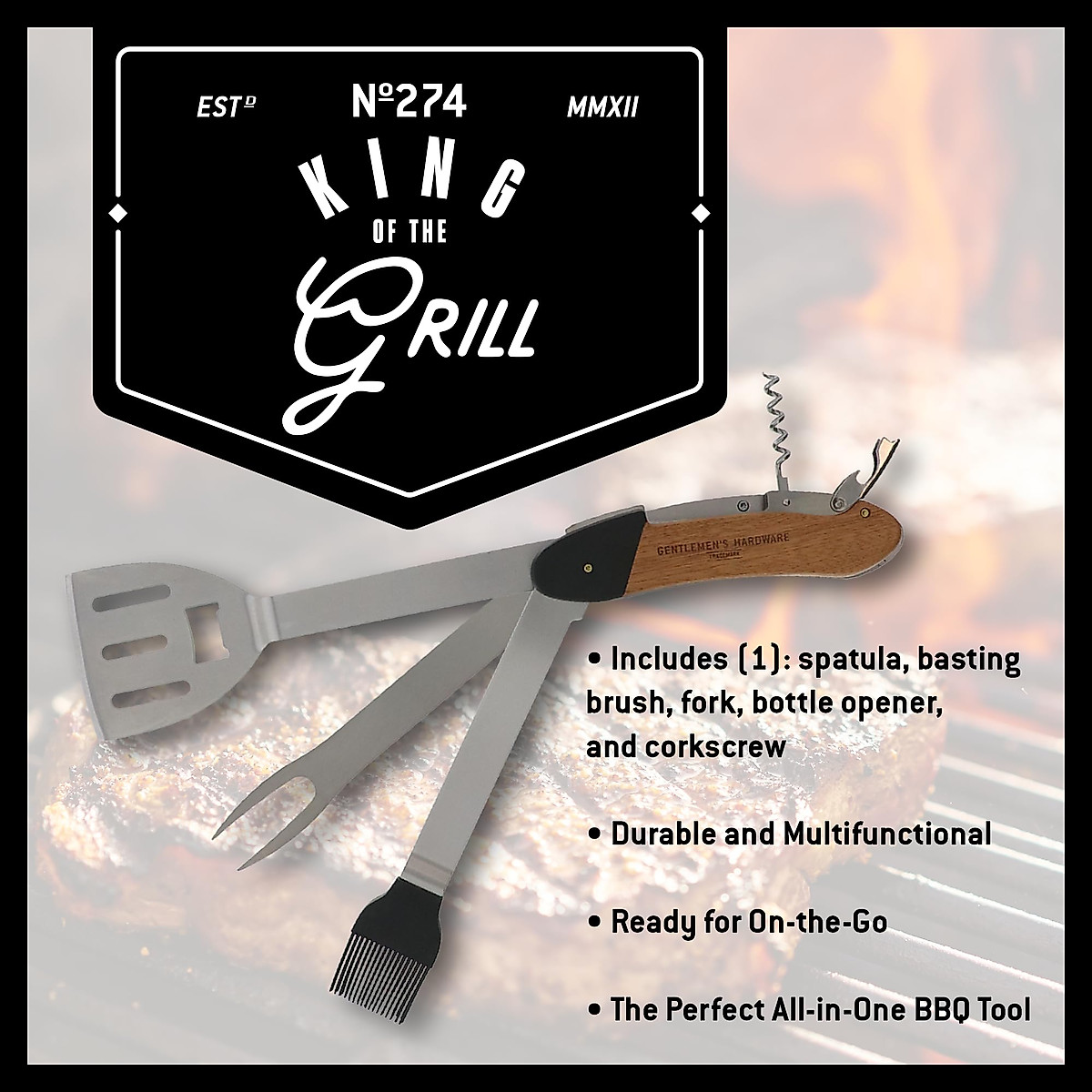 Gentlemen's Hardware GEN274 Portable and Detachable Wood-Handled Multi-Tool, 5-in-1, BBQ 5-in-1
