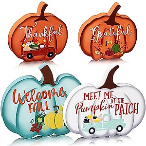 4 Pcs Fall Decor Fall Tiered Tray Decor Fall Pumpkins Table Sign Thanksgiving Tiered Tray Decor Welcome Fall Tabletop Signs Farmhouse Tiered Tray Decor Mini Wood Signs for Autumn (Multicolor)