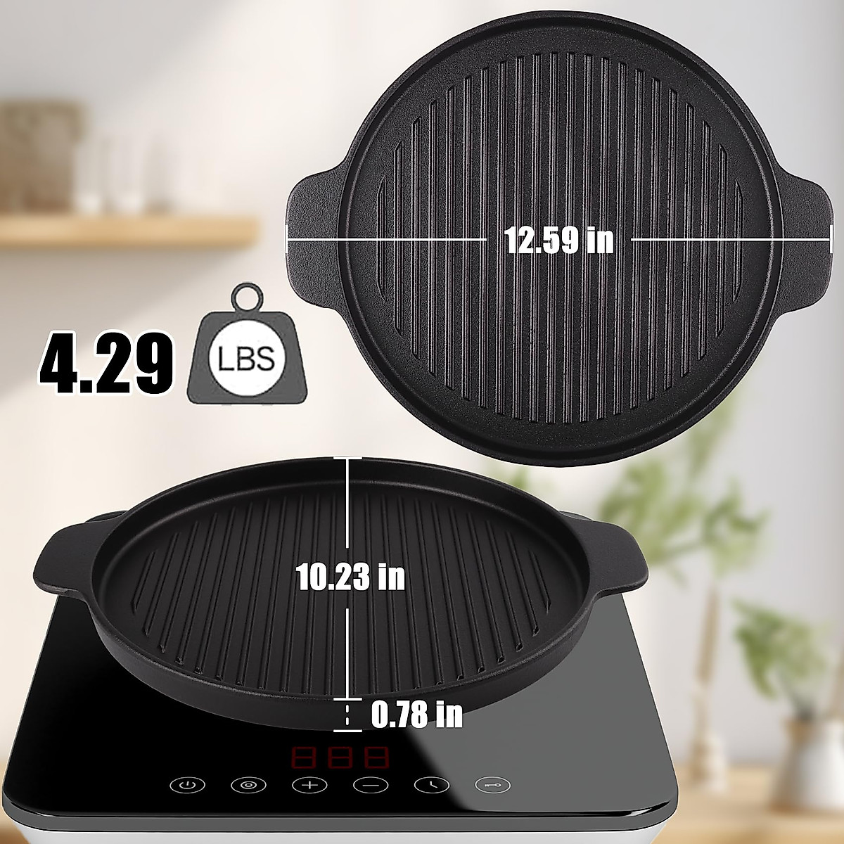 CUKOR Cast iron Grill Griddle, Grill Pan for Indoor Cooking, Stove Top Griddle for Grilling on gas grill, Round Grill Griddle for Induction Cooktop