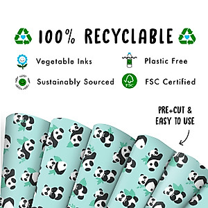 CENTRAL 23 - Green Wrapping Paper - 6 Sheets Gift Wrap - Birthday Pandas - Animals - For Men Women Boys Girls New Baby - Recyclable
