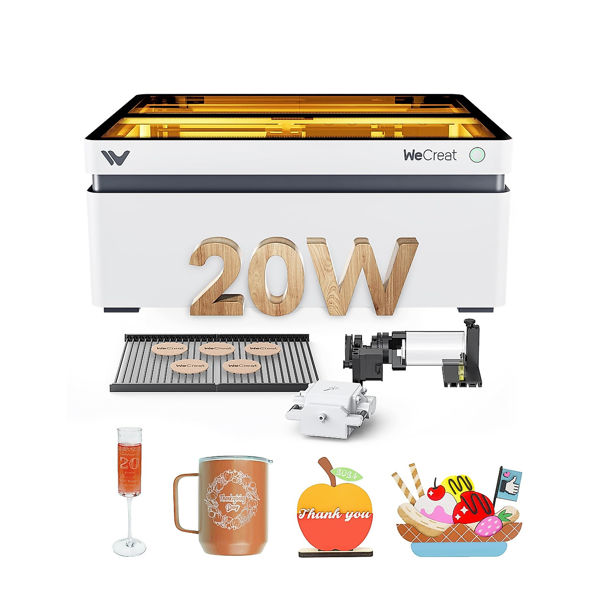 WECREAT Vision 20W(20,000mW) Laser Engraver, 4-in-1 Desktop Diode Laser Engraver and Cutter with Rotary, Smart Camera, Auto-Lifting Enclosure, Air Assist and Laser Bed for Wood Acrylic Metal