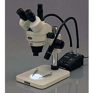 AmScope SM-1TSW2-L6W-M Digital Professional Trinocular Stereo Zoom Microscope, WH10x and WH25x Eyepieces, 3.5X-225X Magnification, 0.7X-4.5X Zoom Objective, 6W Dual-Gooseneck LED Light, Pillar Stand, 85V-265V, Includes 0.5X and 2.0X Barlow Lenses, Include