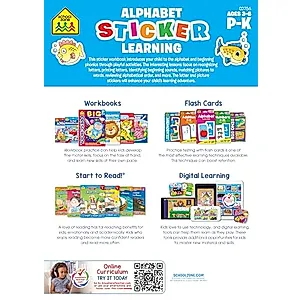 School Zone - Alphabet Stickers Workbook - 64 Pages, Ages 3 to 6, Preschool to Kindergarten, 267 Stickers, ABCs, Printing Letters, Phonics, and More (School Zone Stuck on Learning® Book Series)