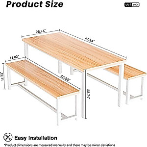 LinkRomat Dining Room Table Set with 2 Benches, Dinner Table Set for 4-6, Wood Breakfast Table Set & PU Leather Upholstered Benches, Beige, 47.2 x 28.7 x 28.7''
