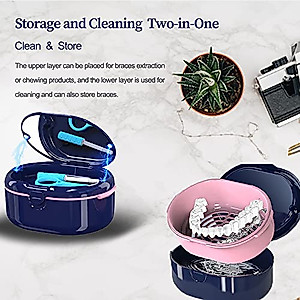 Dentures Case, Denture Bath Case Cup Box Double Layer Dry and Wet Separation Portable False Teeth Container, Denture Cup with Lid for Cleaning Household Office Travel(Blue)