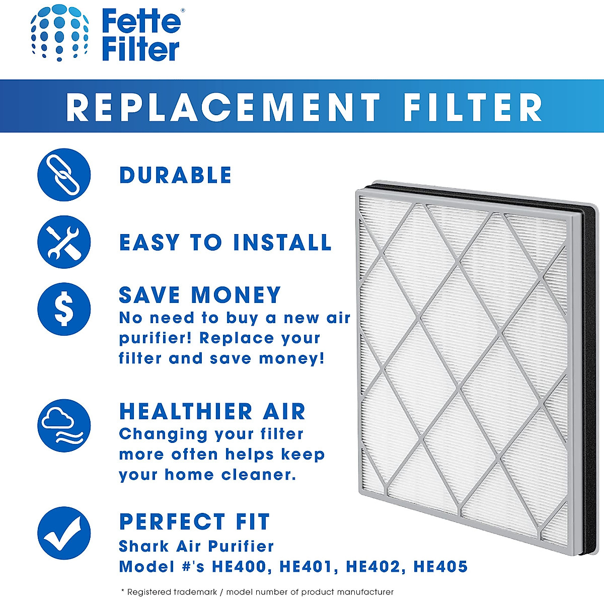 Fette Filter - Air Purifier True HEPA Filter Replacement Compatible with Shark Air Purifier 4 for Model HE400 HE401 HE401C HE401NP HE402 HE402C HE405 UA415 Part # HE4FKBAS HE4FKPET HE4FKPRO 1QTY