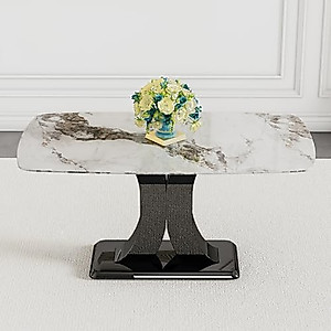 63" Glass Dining Table with White Imitation Marble Top, Kitchen Table for 4 or 6, Modern Dinner Tables with Black MDF Base, Large Dining Room Table for Dining Room/Kitchen, Easy Assembly