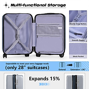AnyZip Carry On Luggage 20'' Suitcase with Pocket Compartment ABS+PC Spinner Wheels TSA Lock Navyblue