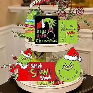 Christmas Tiered Tray Decor Green Tiered Tray Decoration Christmas Tree Wooden Signs Decorations for Farmhouse Home Tabletop Shelf