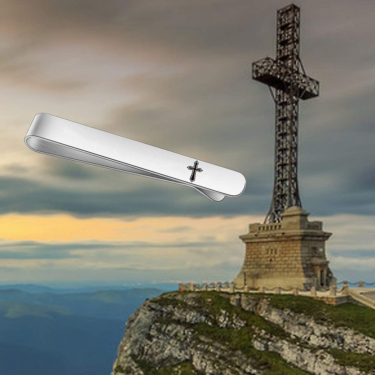 BEKECH Faith Gift for Men Cross Tie Clip Gift Christian Jewelry Gift for Religious Men Boss Coworkers Gift First Communion Jewelry for Him (silver)