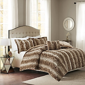 Madison Park Zuri Soft Plush Comforter Set, Faux Fur Animal Stripes Design, Faux Mink On The Reverse, Modern All Season Bedding Set with Matching Sham, King, Tan 4 Piece