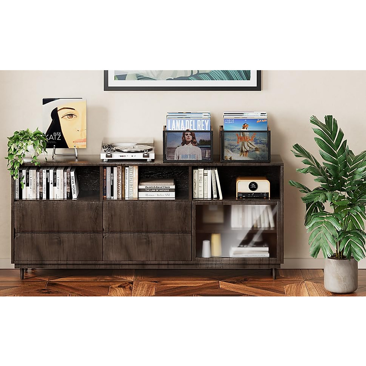 Dunatou Album Storage Box - Rustic Brown Wooden Record Crate Organizer with Handle