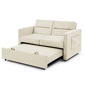 Antetek 3 in 1 Convertible Sleeper Sofa Bed, 54.5-inch Modern Loveseat Couch with Pull-Out Bed, Small Love seat Sofa Bed with Reclining Backrest & Side Pocket for Living Room, Beige