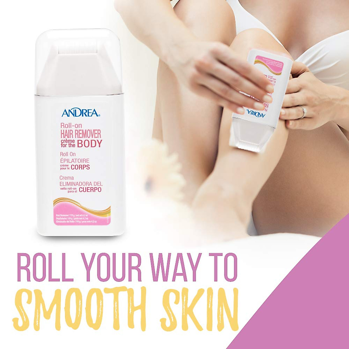 Andrea Roll-On Hair Removal Cream for Unwanted Body Hair, Gentle Depilatory Cream for Arms, Legs, and Bikini, Easy-to-Use Hair Remover, 2 Pack