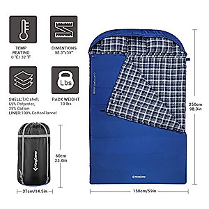 KingCamp Camping Double Sleeping Bags, 3 Season Cotton Flannel Lining Double Layer Sleeping Bag 2 Person Couple Waterproof Lightweight Backpacking Hiking Outdoors with Pillow and Carry Bag Queen Size