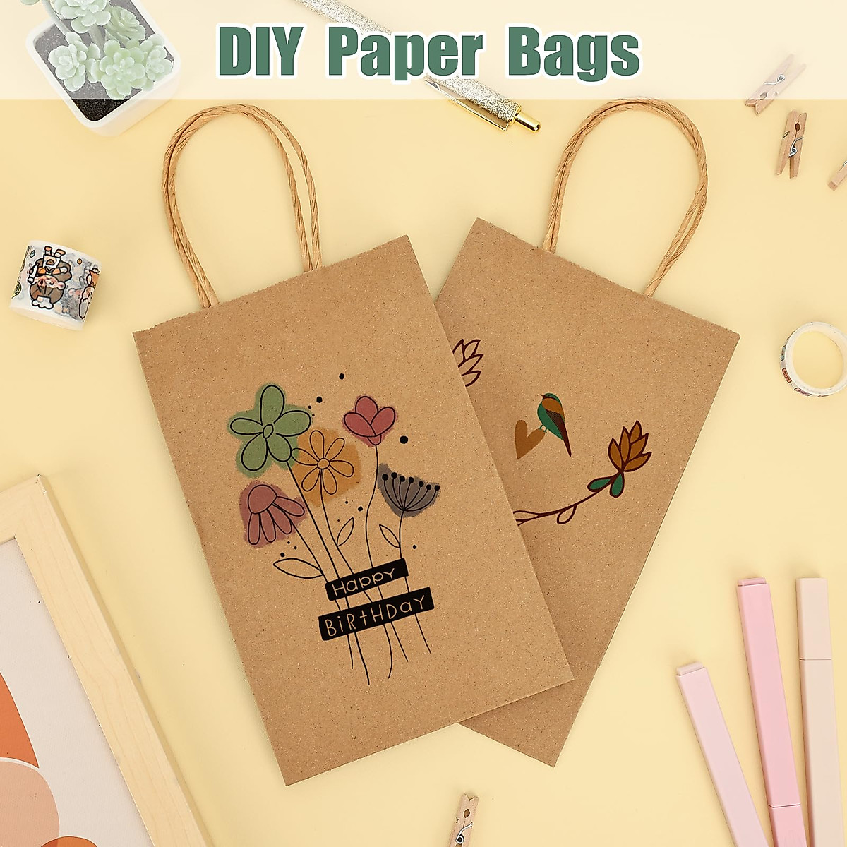 Moretoes 50pcs Paper Bags with Handles, 5.25x3.2x8 Inches Kraft Small Gift Bags, Wrapping Gift Paper, Small Paper Bags, Party Favor Bags for Birthday Wedding, Brown