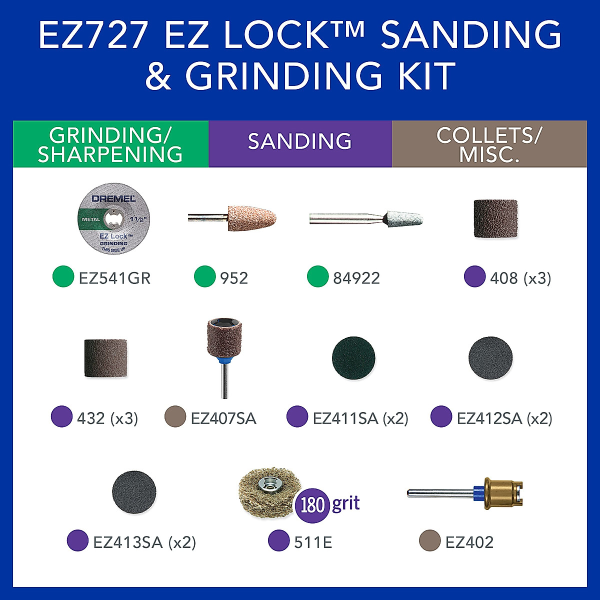Dremel EZ727-01 EZ Lock Sanding & Grinding Rotary Tool Accessories Kit, 18-Piece Assorted Set - Perfect for Detail Sanding and Sharpening