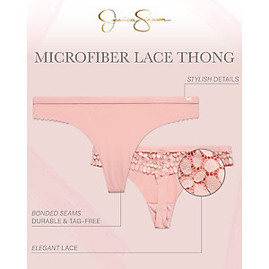 Jessica Simpson Women's Thong Panties - 6 Pack Seamless Lace Microfiber Underwear for Women, Size Small, Brunette/Mellow Rose/Jet Black