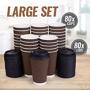 Promora Brown Disposable Coffee Cups With Lids 16 oz, Premium Insulated Paper Ripple Cups for Hot Coffee, Paper Cups 16 oz Coffee Cups 16 oz, Hot Cups With Lids 16 oz, Paper Coffee Cups (80 Pack)