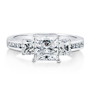 BERRICLE Sterling Silver 3-Stone Wedding Engagement Rings Princess Cut Cubic Zirconia CZ Promise Ring for Women, Rhodium Plated Size 7