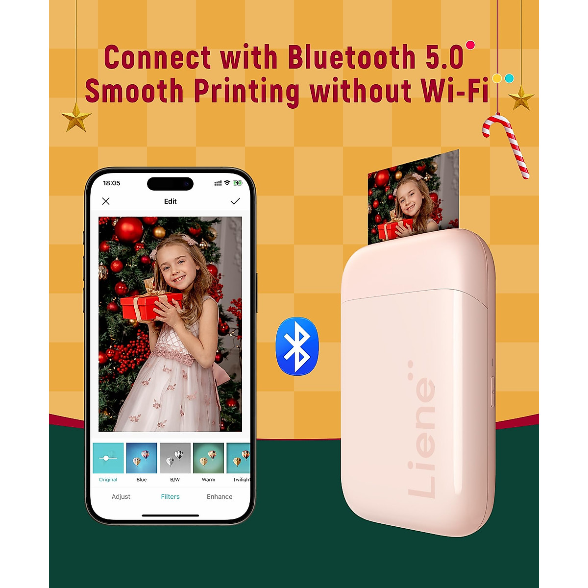 Liene Photo Printer, 2x3″ Mini Portable Instant Photo Printer w/ 5 Zink Sticky-Backed Paper, Bluetooth, Compatible w/iOS & Android, Small Picture Printer for iPhone, Smartphone, Pink