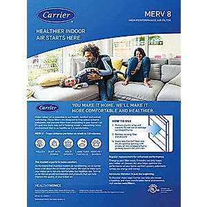 Carrier Air Filter, 1" MERV 8, Pleated, AC/Furnace, 4-Pack, 20 X 20 X 1